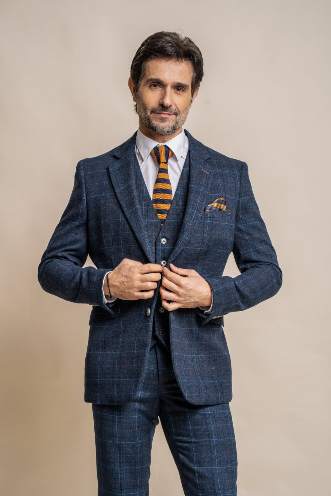 Mens 3 Piece Suit Navy Blue Check Slim Fit Wedding Formal Prom Peaky ...