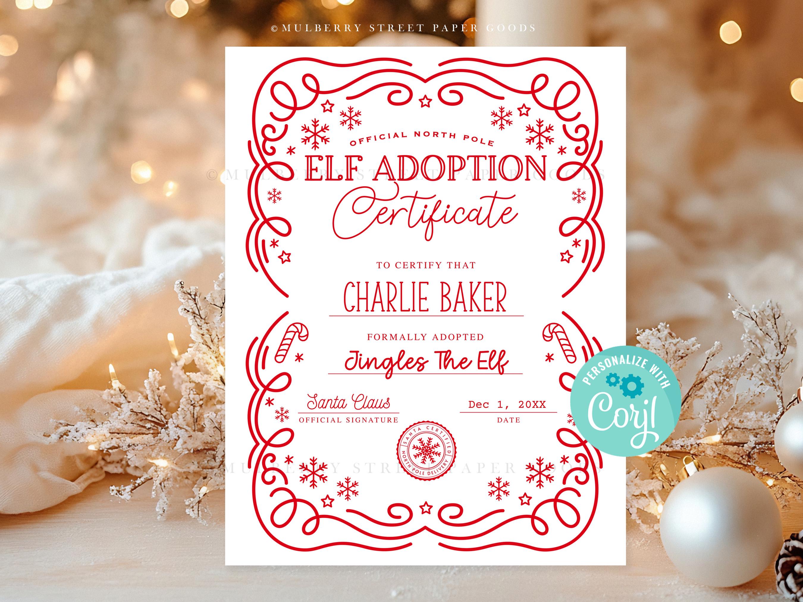 Editable Elf Adoption Certificate Printable Personalized Christmas Elf ...