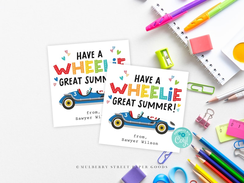 Last Day of School Gift Tag Printable Vintage Race Car Wheelie Great ...