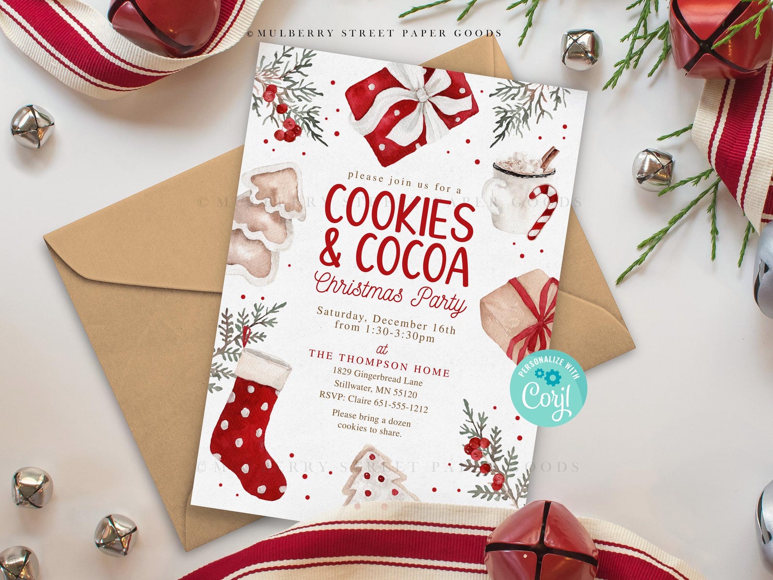 Editable Christmas Party Invitation, Festive Cocoa and Cookies Holiday ...