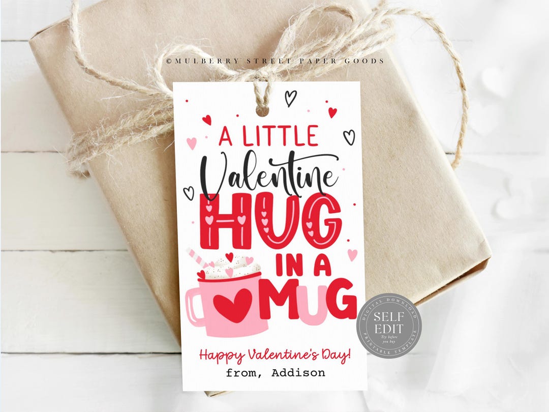 Hug in A Mug Valentine Gift Tag Canva Template Hot Cocoa Valentine ...