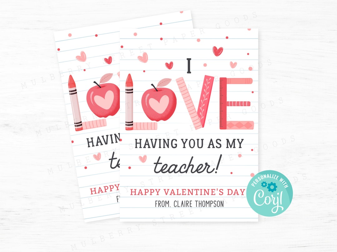 Teacher Valentine Card Printable Digital Download Teacher Valentine's ...