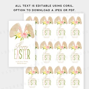 Printable Happy Easter Gift Tag, Cute Bunny Ears Easter Treat Bag Tag ...