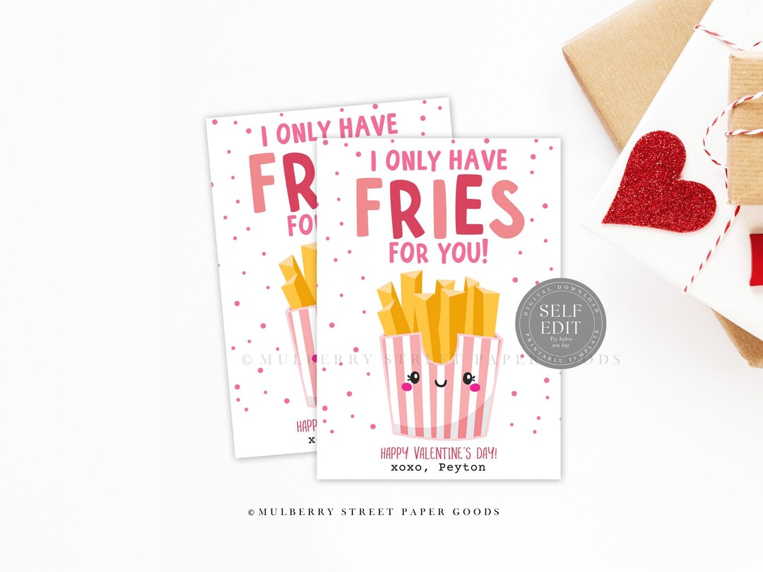 French Fries Valentine Card Printable Classroom Valentine Instant ...