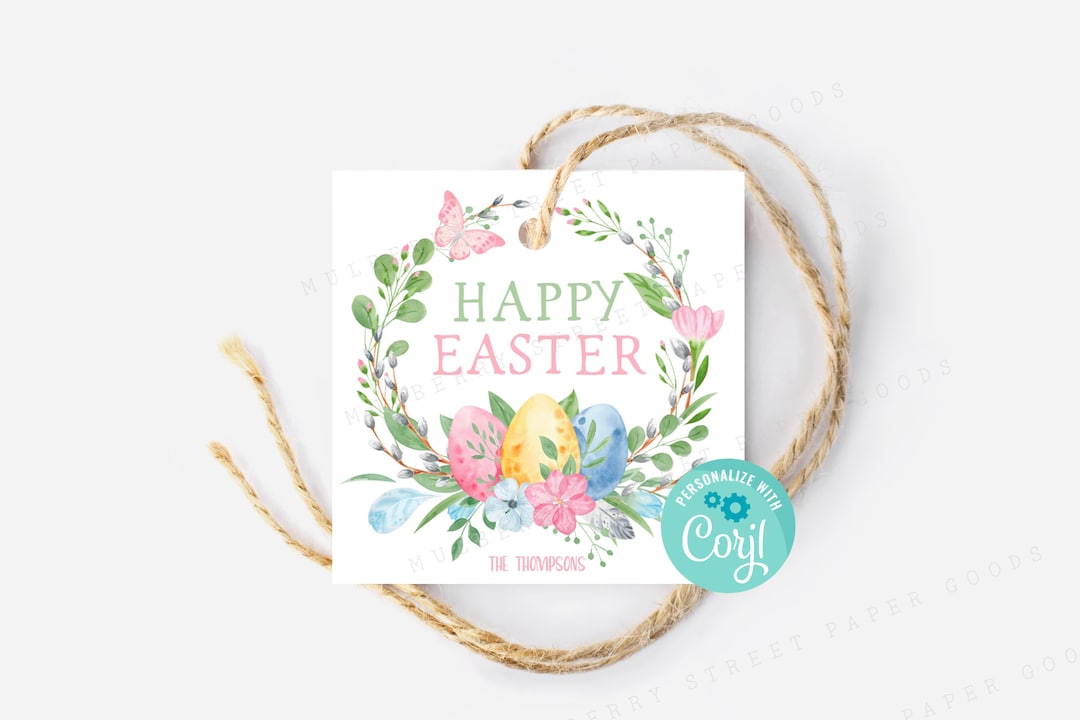 Printable Easter Wreath Gift Tag, Instant Download Happy Easter Gift ...