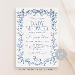 Editable Blue Toile Baby Shower Invitation Bundle Toile De Jouy Blue ...