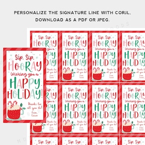 Printable Sip, Sip Hooray Wishing You a Happy Holiday Gift Tag, Hot ...
