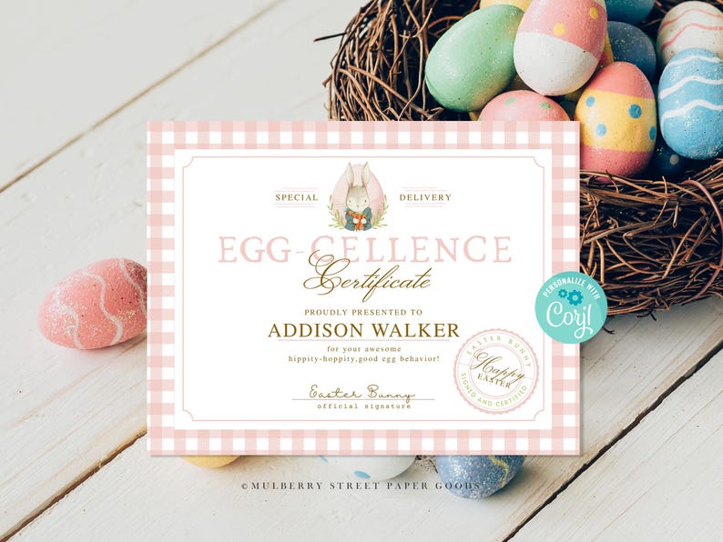 Printable Egg-cellence Certificate Editable Easter Bunny Certificate of ...
