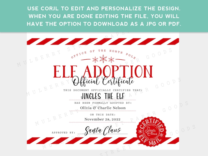 Printable Elf Adoption Official Certificate Christmas Elf - Etsy