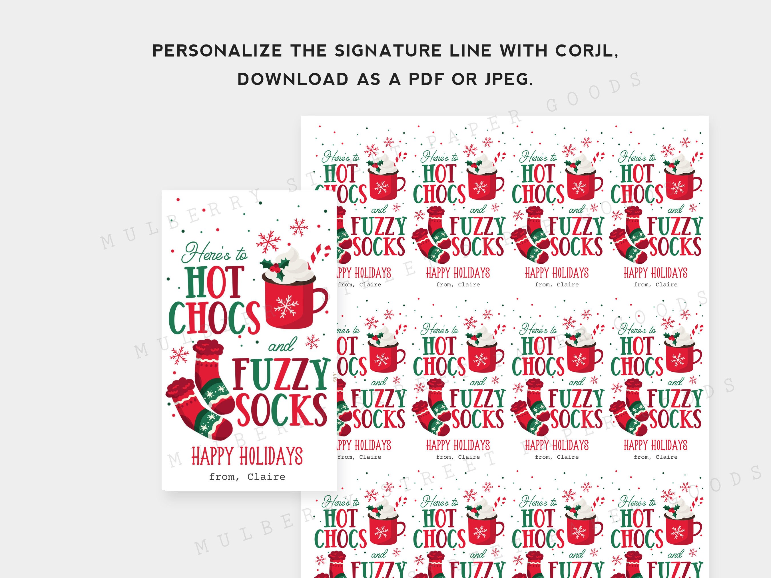 Hot Chocolate and Fuzzy Socks Christmas Gift Tag Printable, Red Green ...