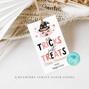 Halloween Printable Gift Tag Pink Halloween No Tricks Just Treats Cute ...