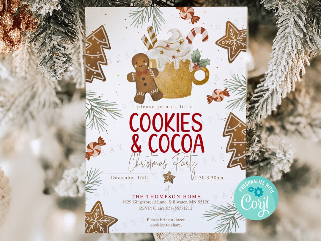 Editable Christmas Party Invitation, Cookies & Cocoa Holiday Party ...