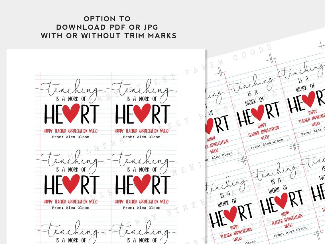 Printable Teaching is a Work of Heart Gift Tag Instant - Etsy