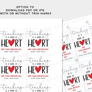 Printable Teaching is a Work of Heart Gift Tag, Instant Download ...