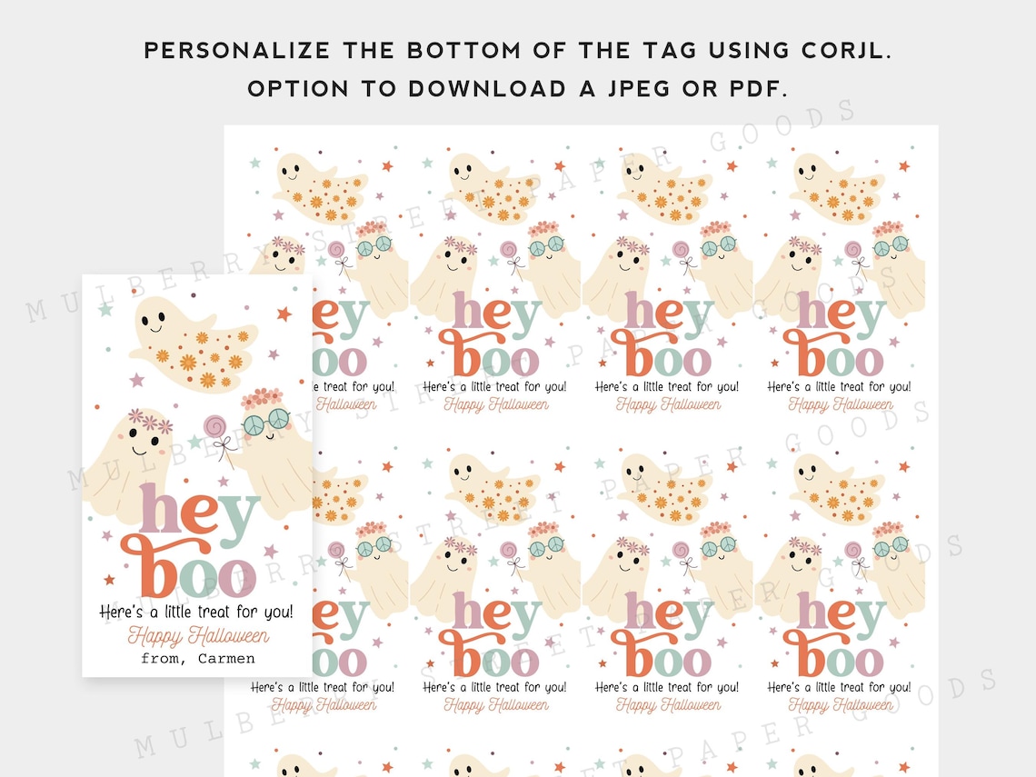 Personalized Halloween Gift Tag Printable, Hey Boo Groovy Ghosts ...