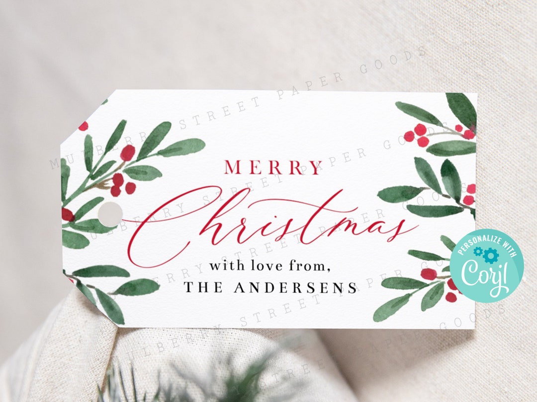 Printable Merry Christmas Gift Tag, Festive Greenery Christmas DIY Gift ...