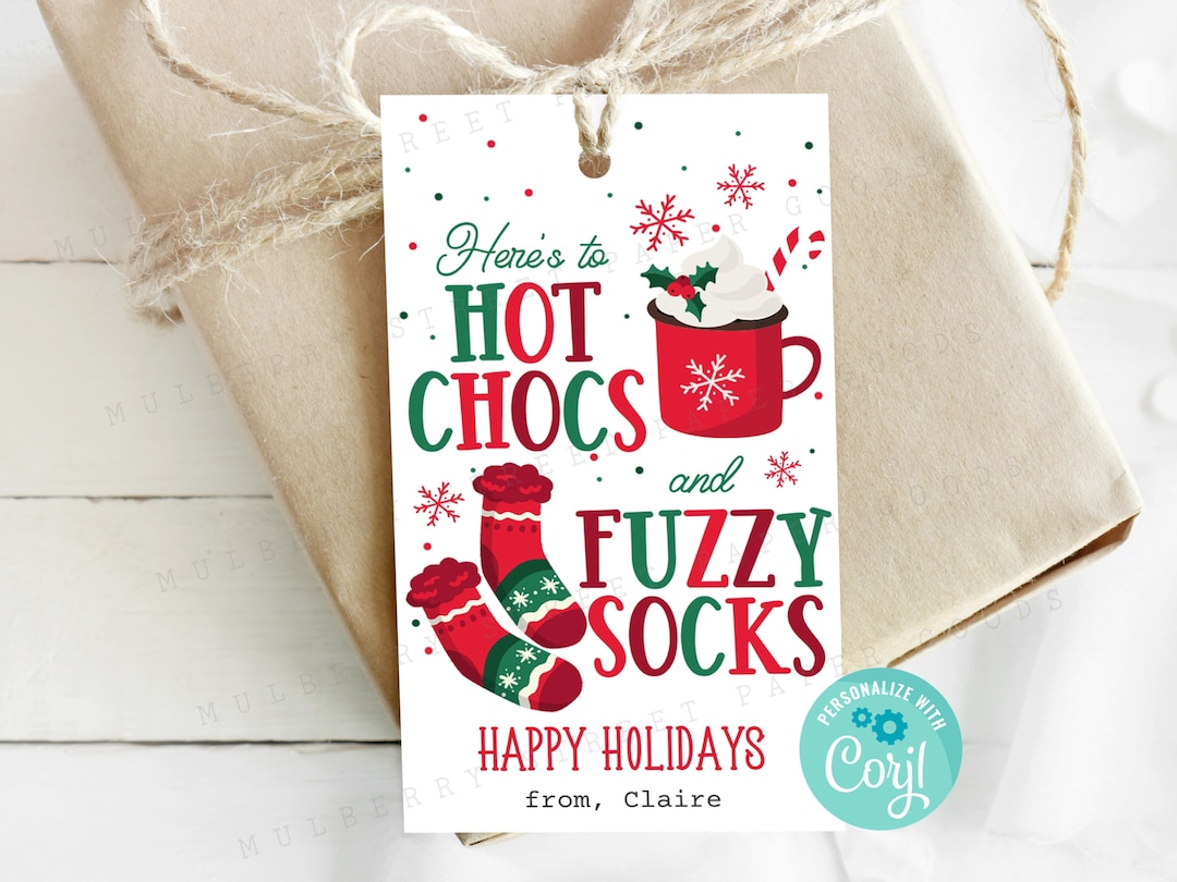 Hot Chocolate and Fuzzy Socks Christmas Gift Tag Printable, Red Green ...