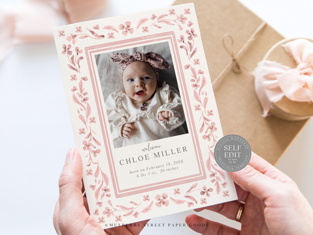 Editable Baby Girl Birth Announcement Canva Template Digital Download ...