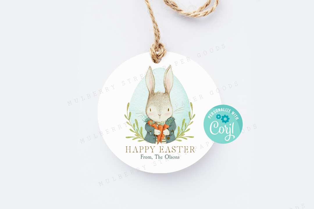 Printable Vintage Bunny Gift Square or Circle Easter Gift Tag, Instant ...