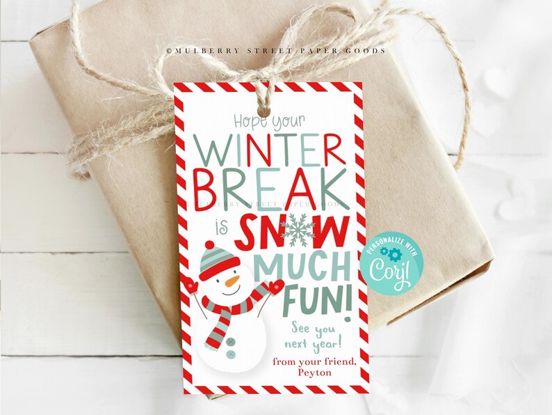 Winter Break Printable Gift Tag Digital Download Cute Snowman School ...