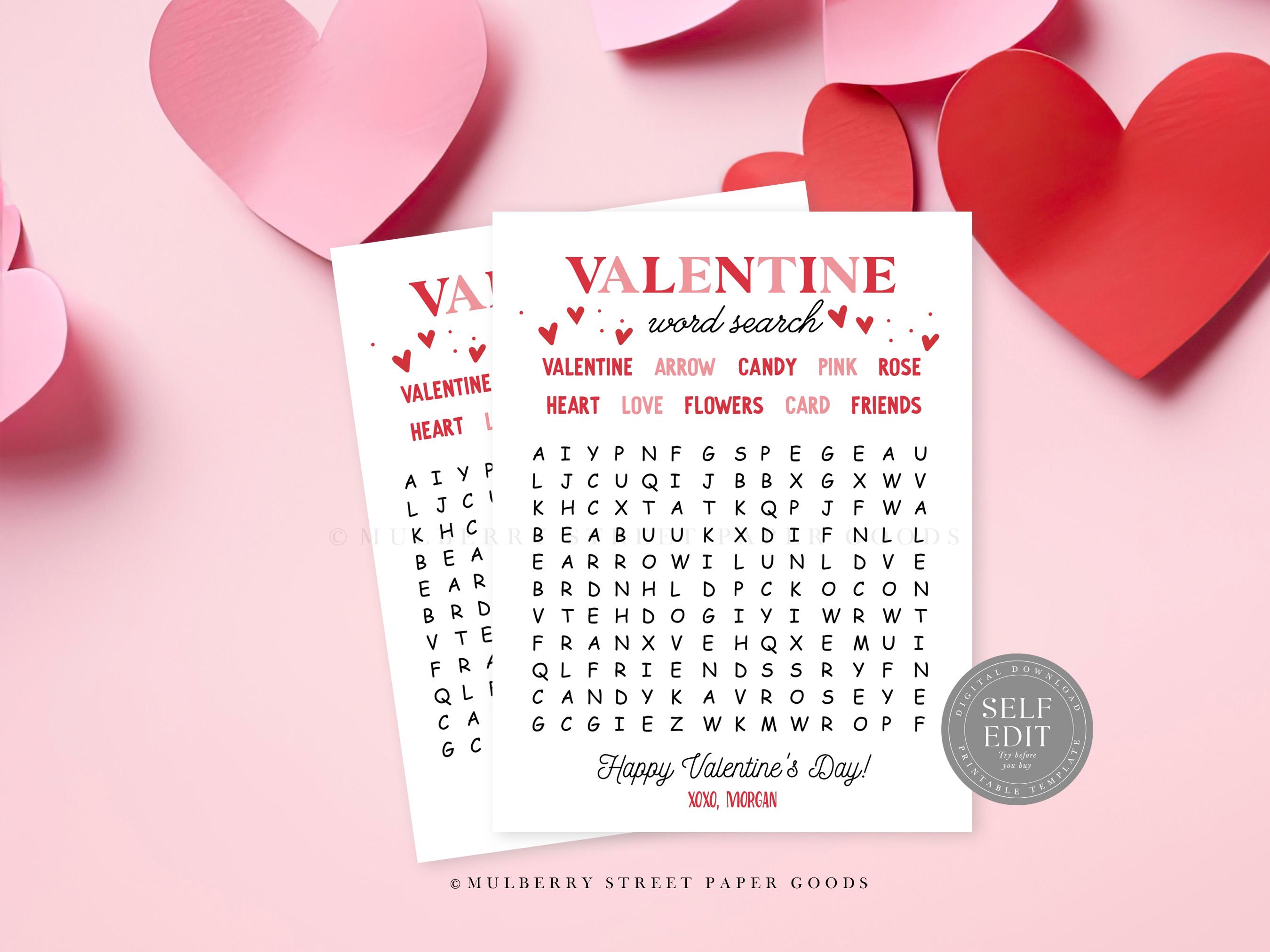 Word Search Valentine Card Printable Valentine Game Non Candy Gift ...