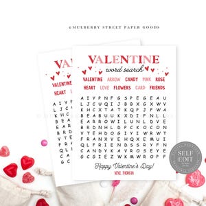 Word Search Valentine Card Printable Valentine Game Non Candy Gift ...