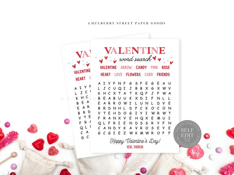 Word Search Valentine Card Printable Valentine Game Non Candy Gift ...