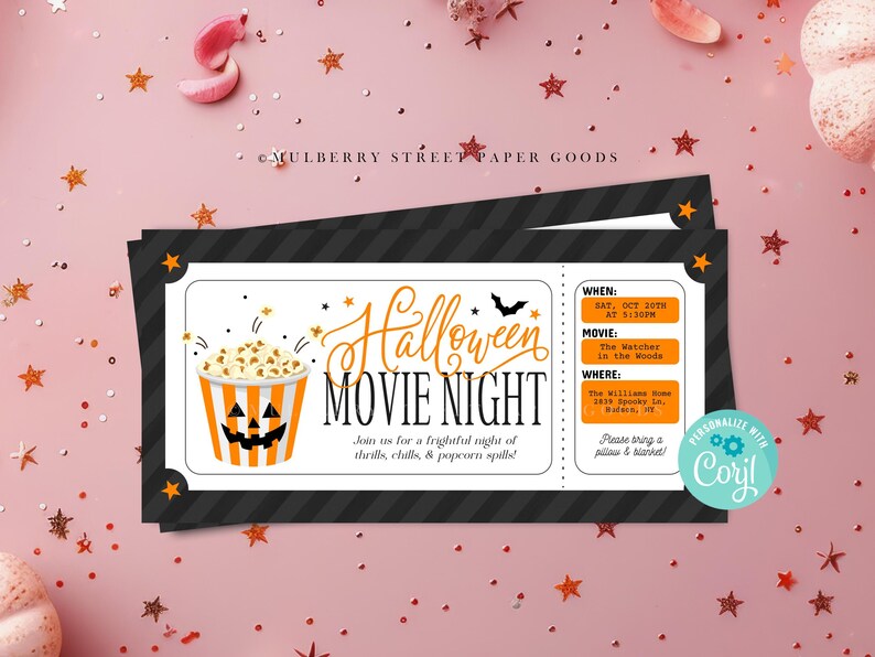 Halloween Movie Night Invitation Template Halloween Movie Ticket Invite ...