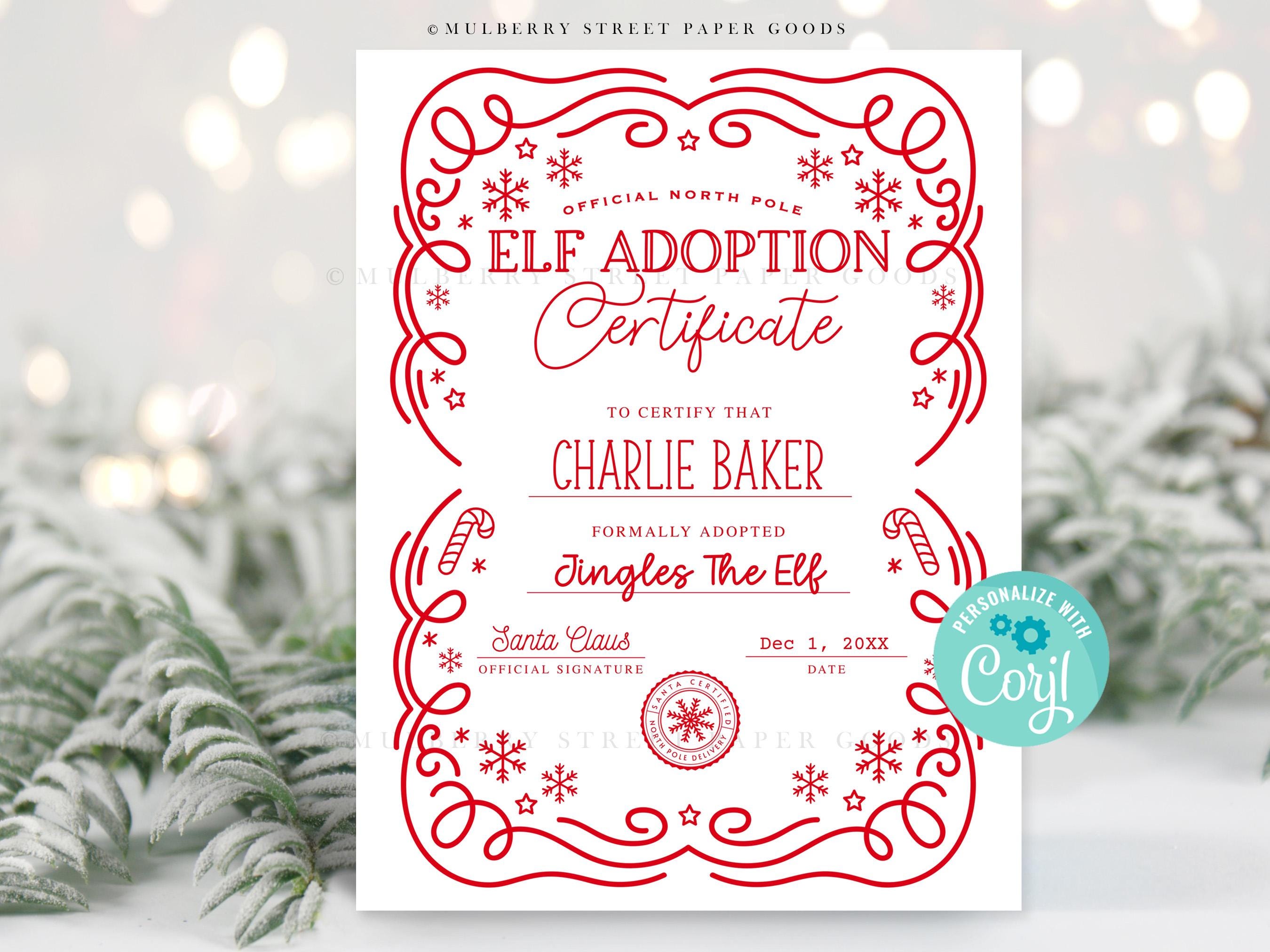 Editable Elf Adoption Certificate Printable Personalized Christmas Elf ...