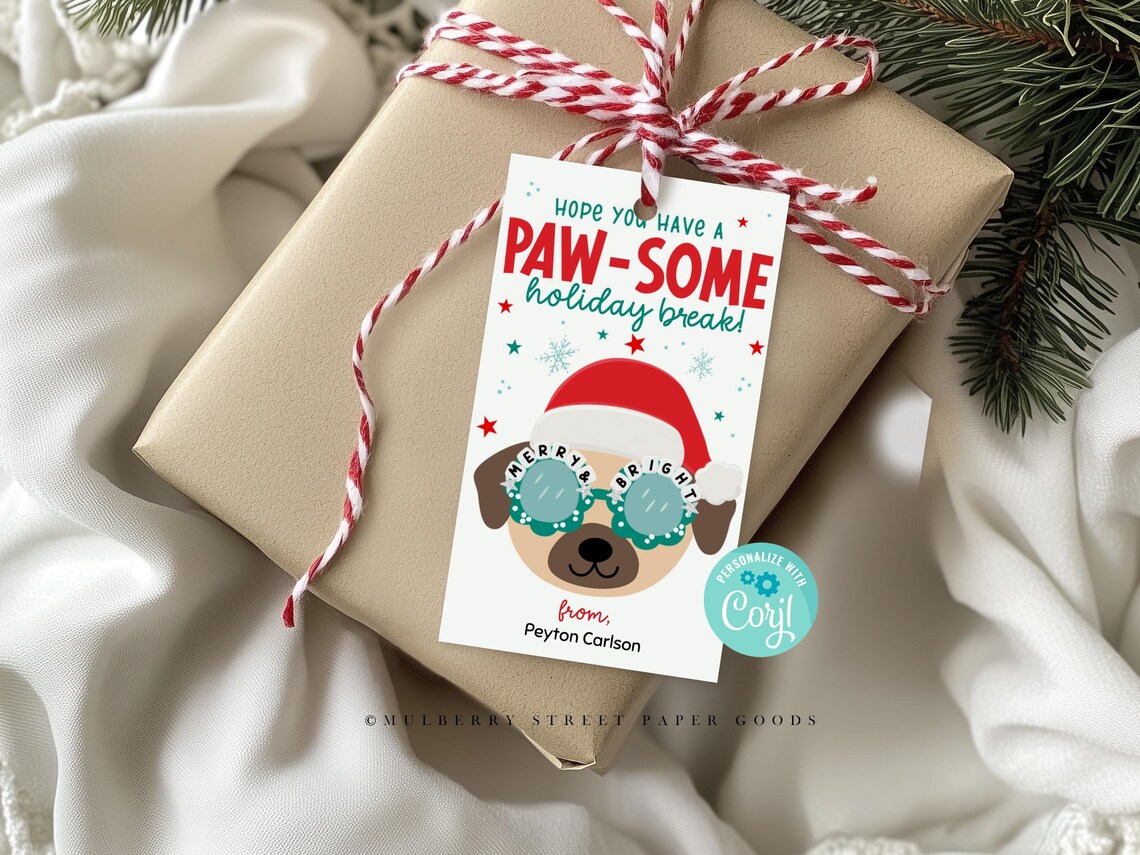 Editable Christmas Puppy Dog Holiday Break Gift Tag Digital Download ...
