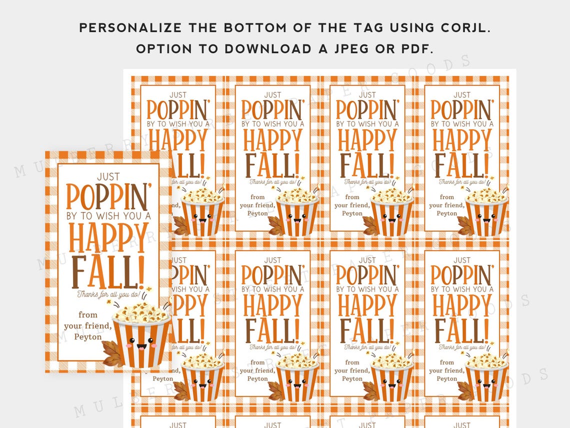 Fall Popcorn Gift Tag Template Printable Just Poppin by Happy Fall ...