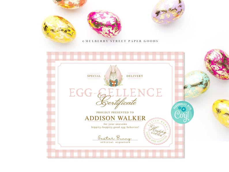 Printable Egg-cellence Certificate Editable Easter Bunny Certificate of ...