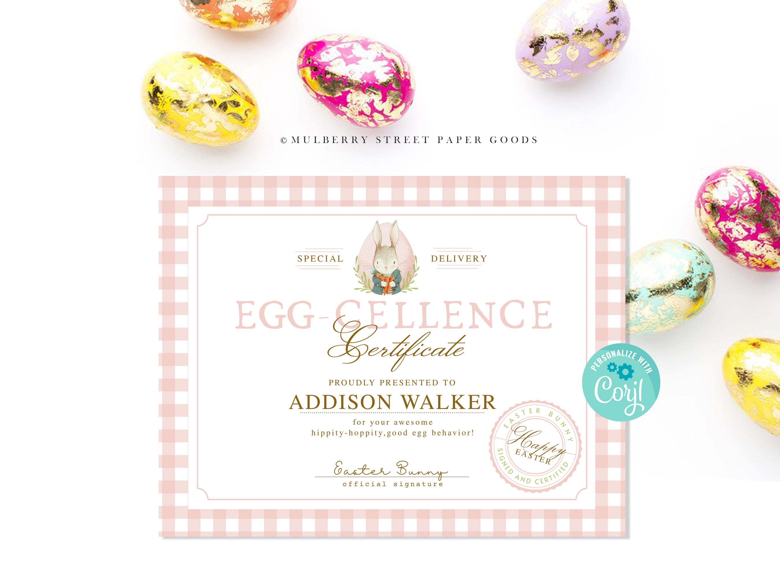 Printable Egg-cellence Certificate Editable Easter Bunny Certificate of ...
