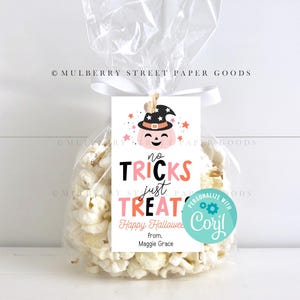 Halloween Printable Gift Tag Pink Halloween No Tricks Just Treats Cute ...