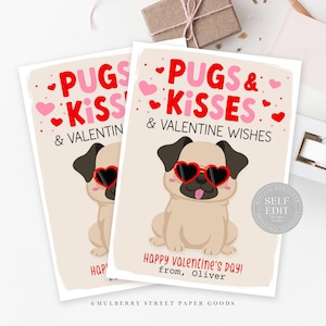 Printable Pugs and Kisses Valentine's Day Cards Cute Kids Classroom Pug ...