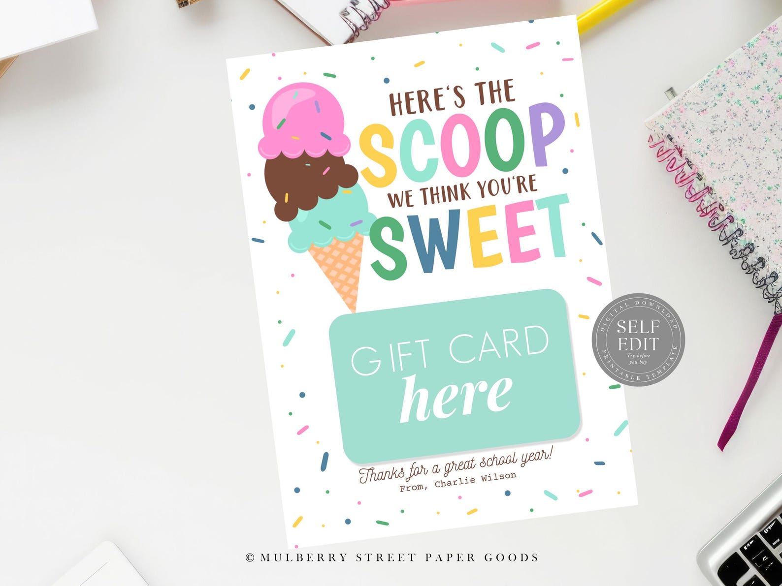 Printable Here's the Scoop Gift Card Holder, Instant Download Ice Cream ...