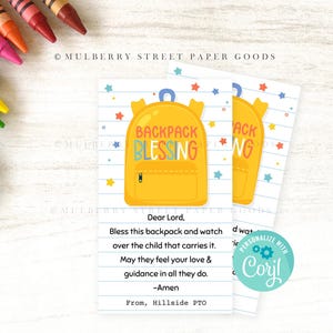 Editable Backpack Blessing Tag Printable Back to School Instant ...