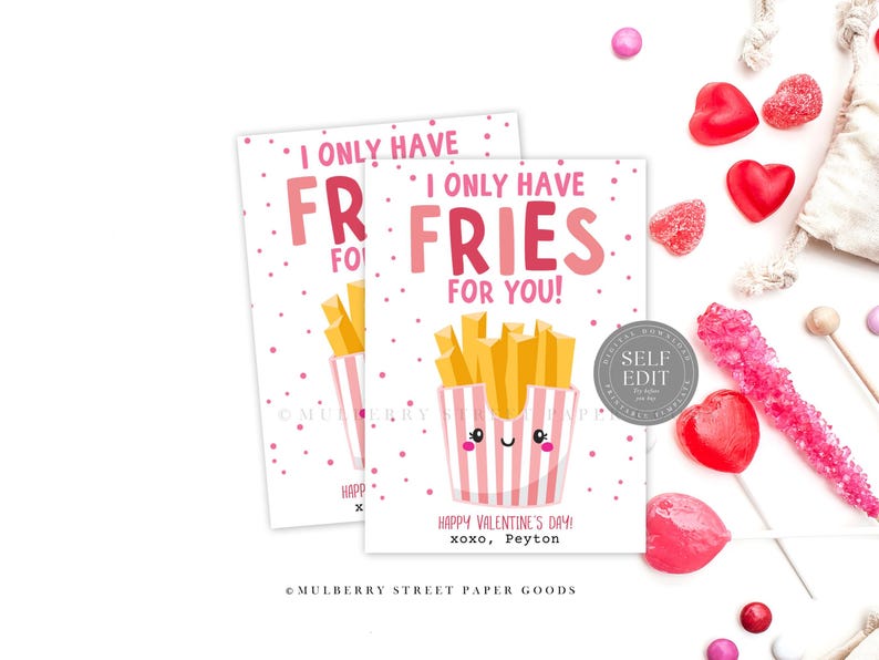 French Fries Valentine Card Printable Classroom Valentine Instant ...