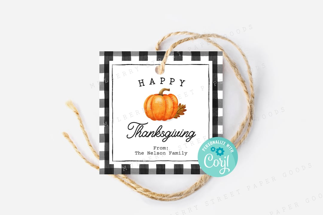 Printable Happy Thanksgiving Gift Tag, Farmhouse Plaid Thanksgiving Bag ...