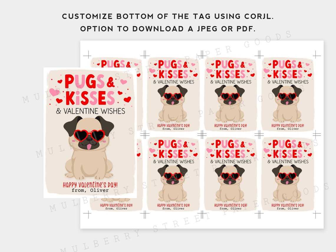 Printable Pugs and Kisses Valentine's Day Cards Cute Kids - Etsy