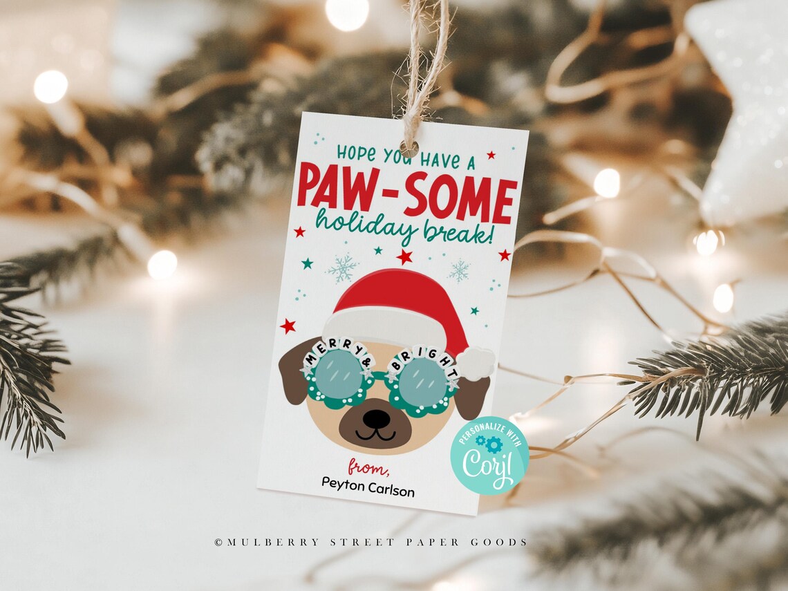 Editable Christmas Puppy Dog Holiday Break Gift Tag Digital Download ...