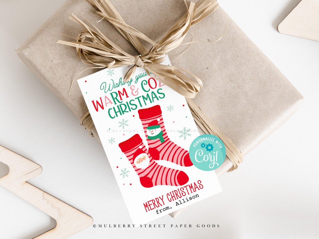 Christmas Socks Gift Tag Printable Cute Santa Snowman Fuzzy Socks Pink ...