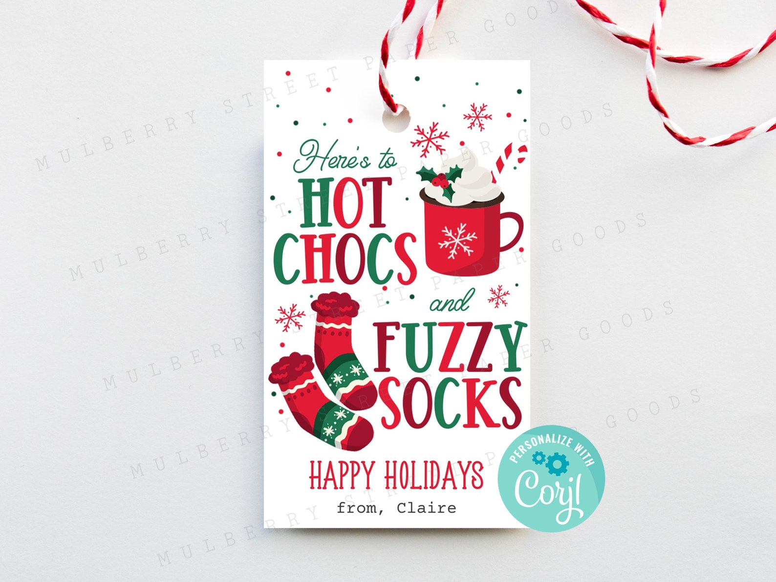 Hot Chocolate and Fuzzy Socks Christmas Gift Tag Printable, Red Green ...