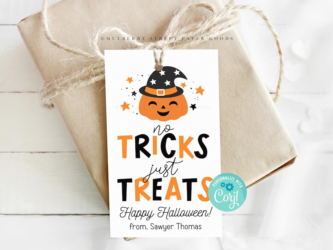 Halloween Printable Gift Tag No Tricks Just Treats Cute Pumpkin ...