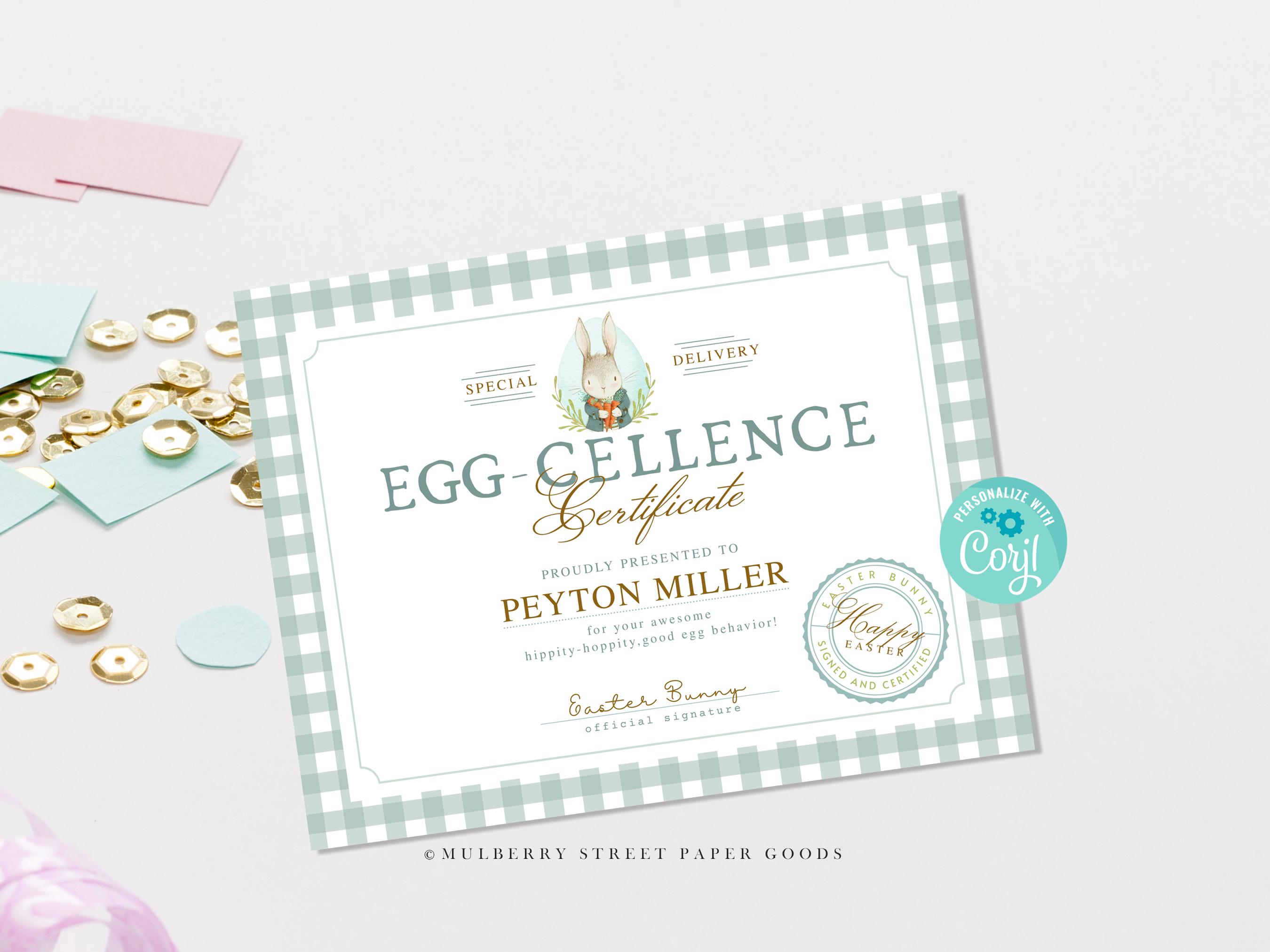 Editable Easter Bunny Egg-cellence Certificate Printable Easter ...