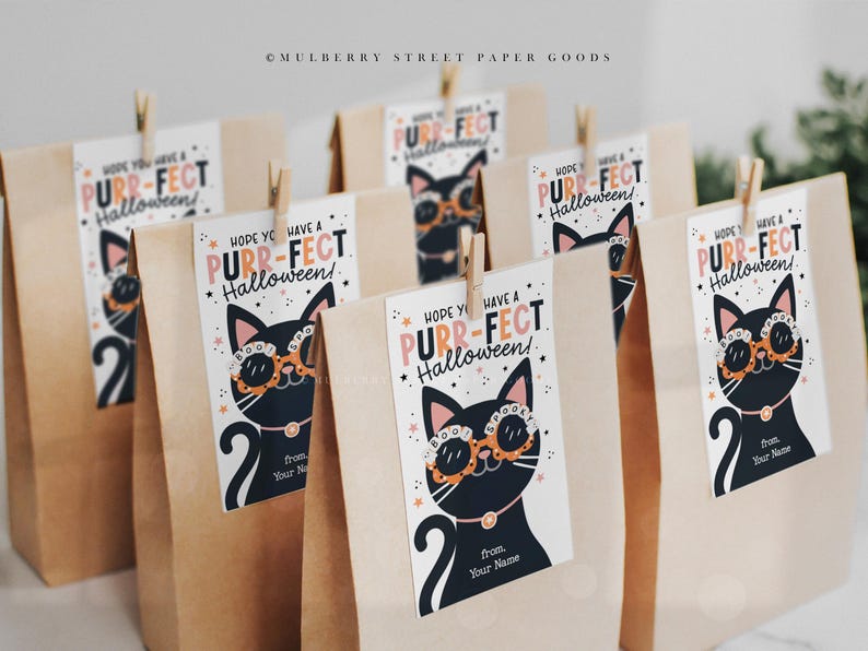 Black Cat Halloween Gift Tag Printable Canva Template Pink Halloween ...