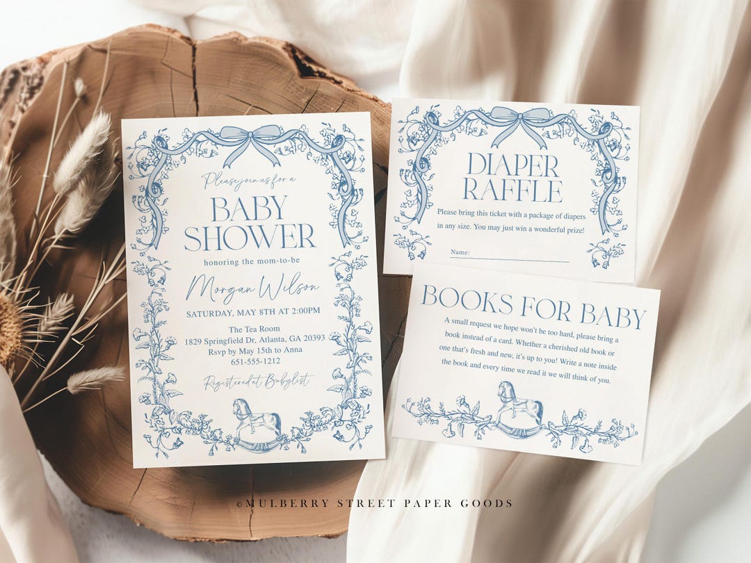 Editable Blue Toile Baby Shower Invitation Bundle Toile De Jouy Blue ...