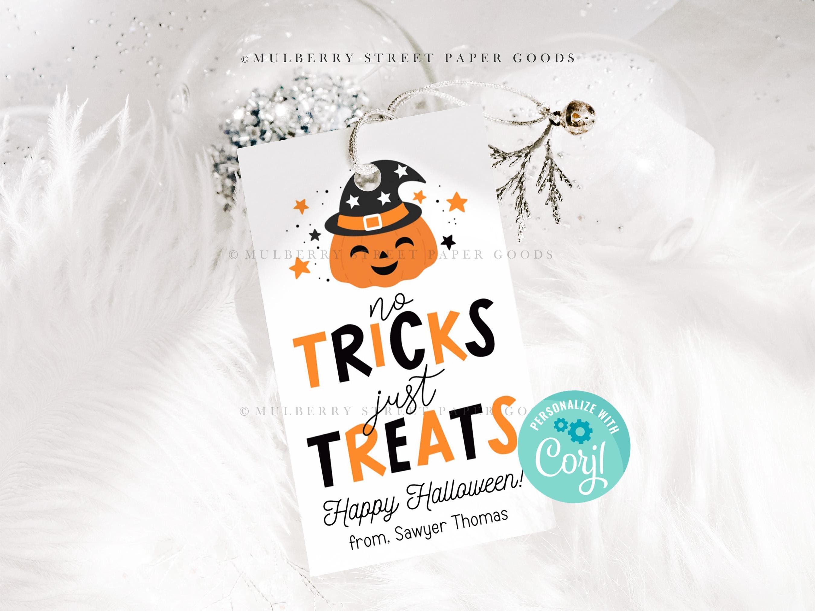 Halloween Printable Gift Tag No Tricks Just Treats Cute Pumpkin ...