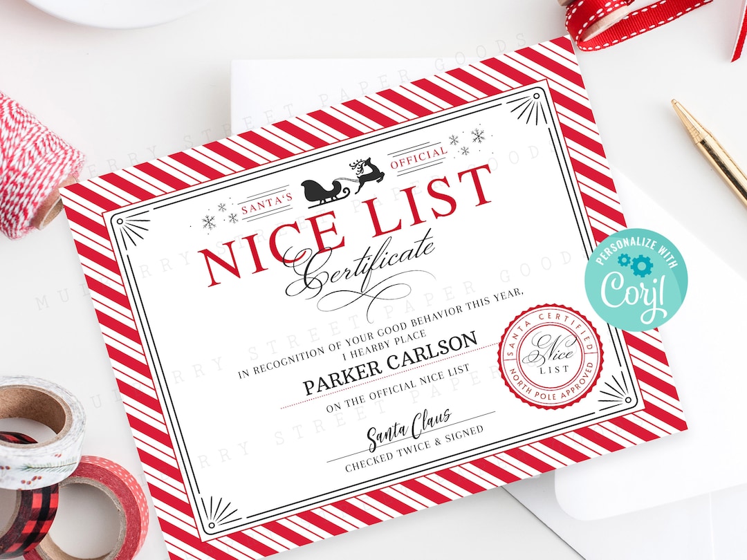 Editable Nice List Certificate, Personalized Santa Nice List ...