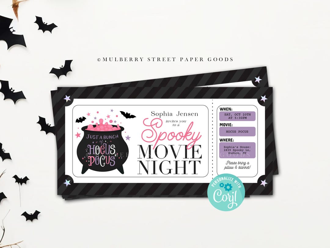 Halloween Spooky Movie Night Ticket Invitation Template Printable ...